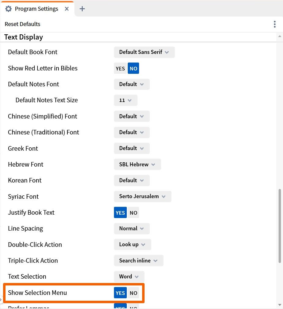 Selection Menu – Verbum Support